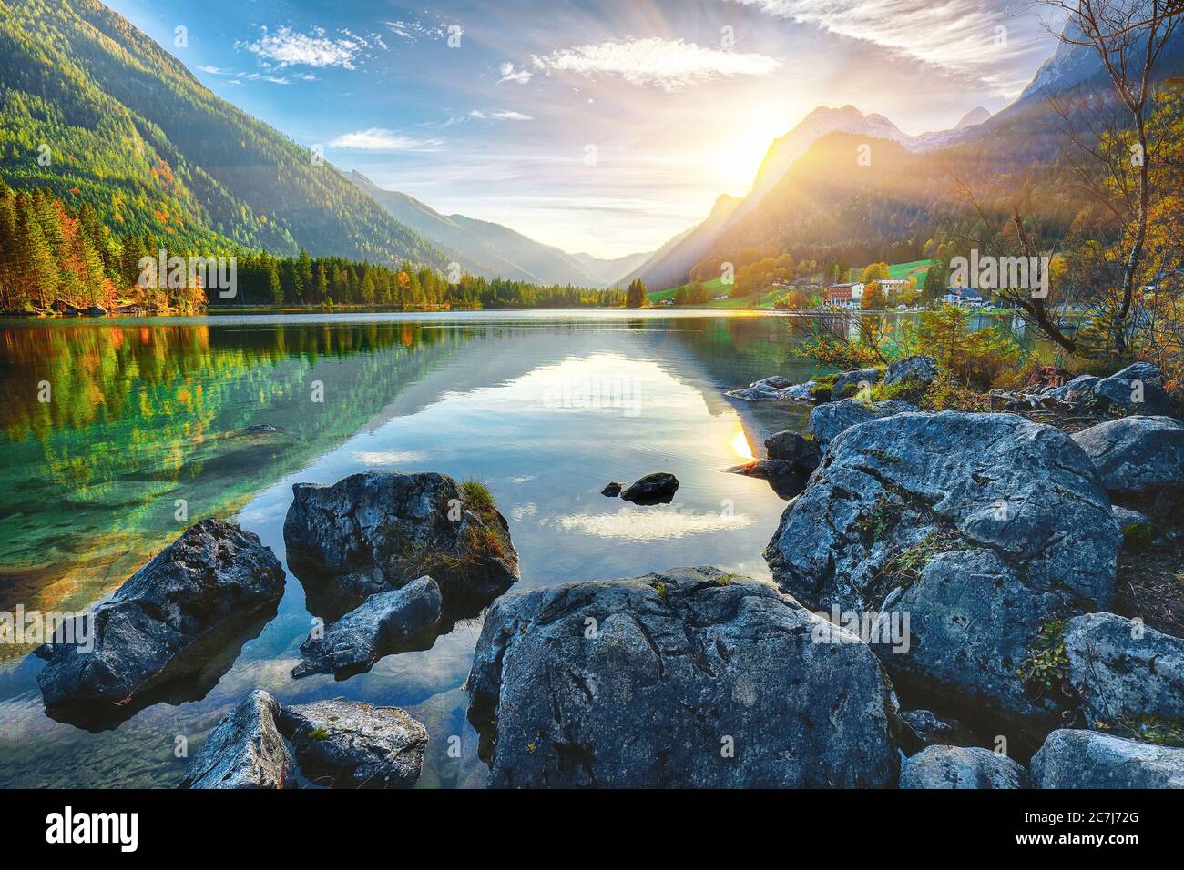 Fantastic autumn sunset of Hintersee lake. Beautiful scene of trees ...
