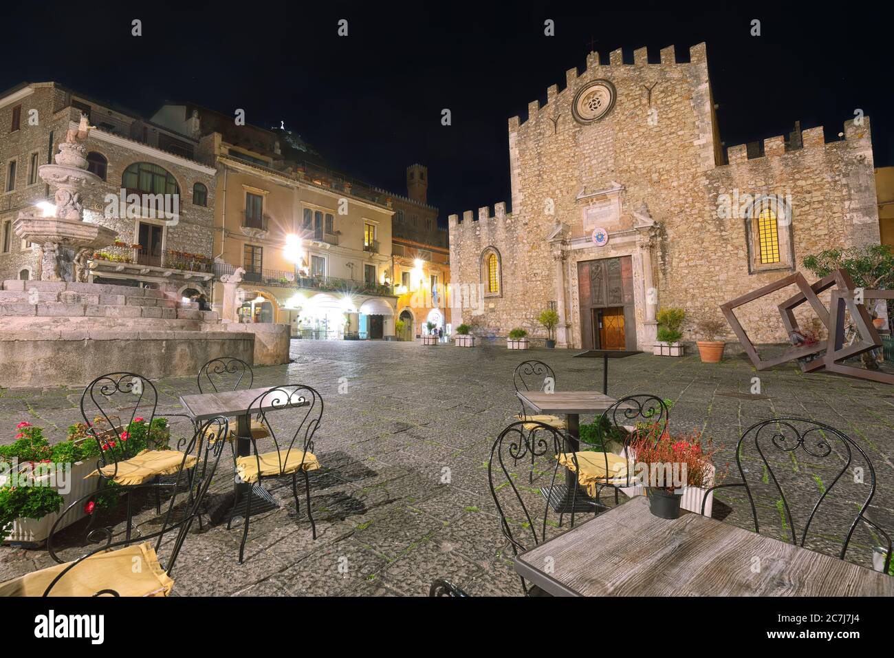 Cathedral of Taormina and fountain on the square Piazza Duomo in ...