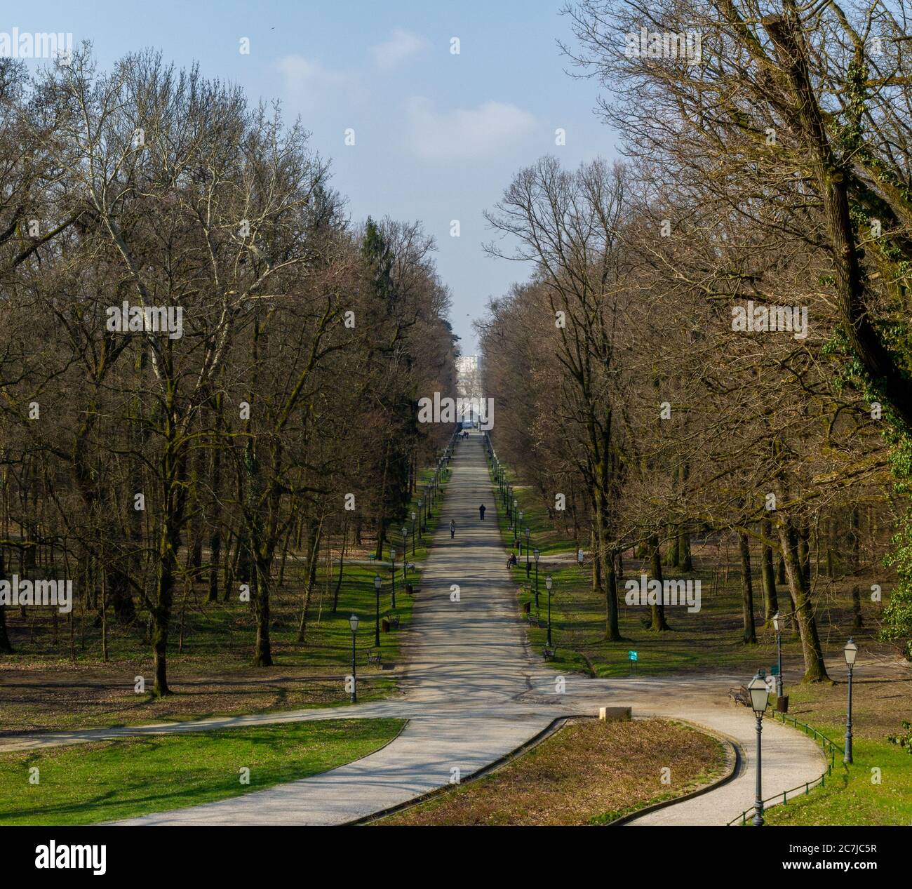 Maksimir park covered in pathways and trees under a blue sky in Zagreb ...