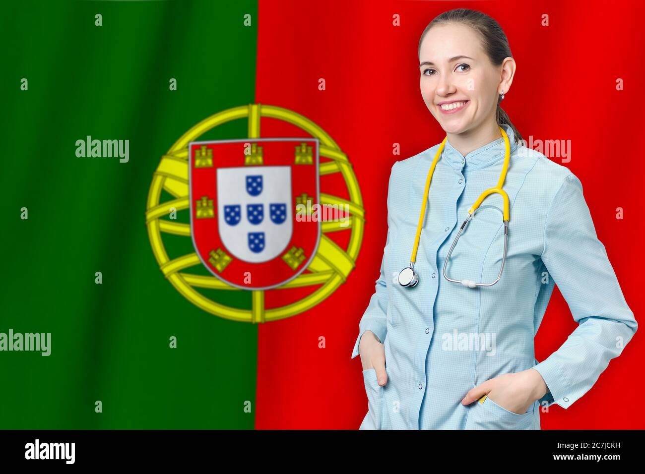 Portuguese Republic healthcare concept with doctor on Portugal flag ...