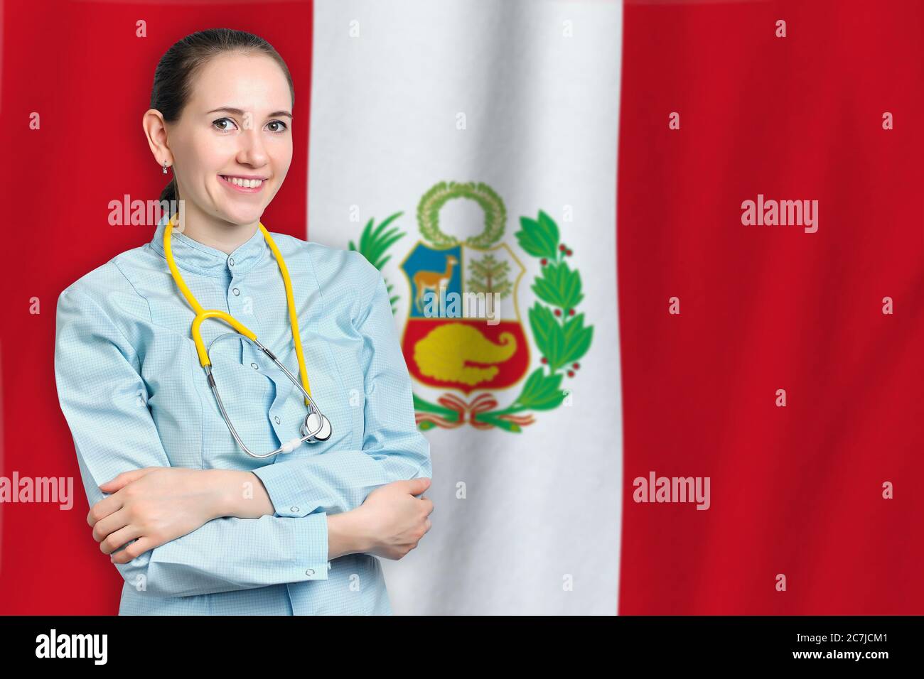 Republic of Peru healthcare concept with doctor on flag background ...