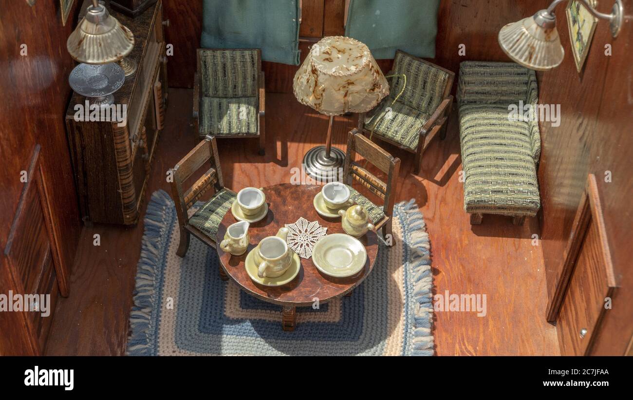 High angle shot of an old living room interior with vintage silverware ...