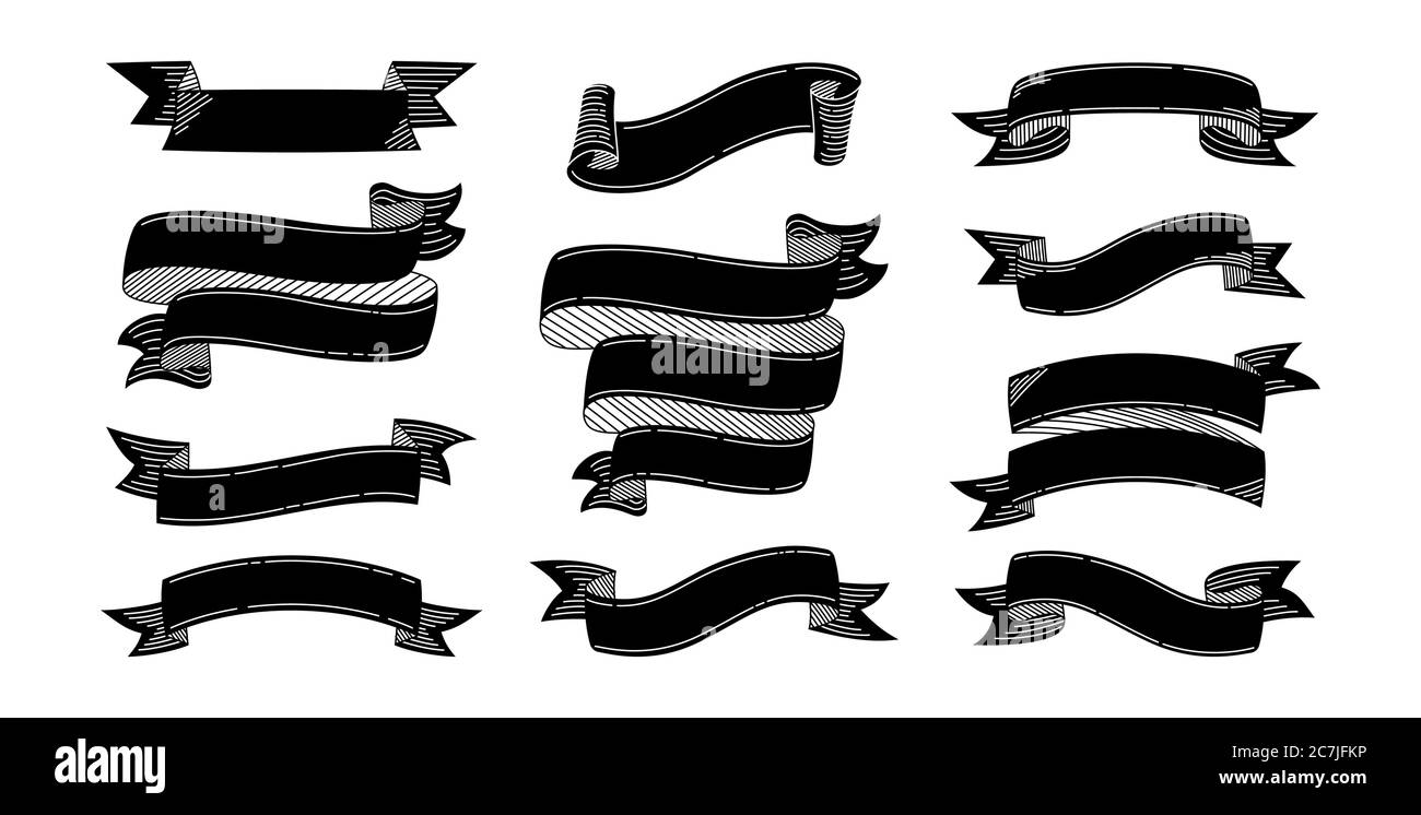 Ribbon doodle set. Black engraving hand drawn ribbons, sketch cartoon ...