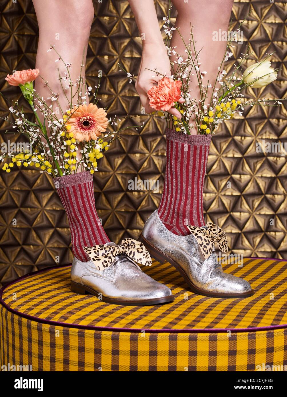 graphically patterned shoes and fabrics, photo studio, decoration Stock ...