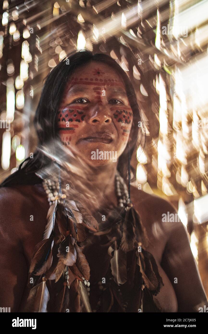 Tuyuka tribe members dancing in their village in the Brazilian Amazon ...