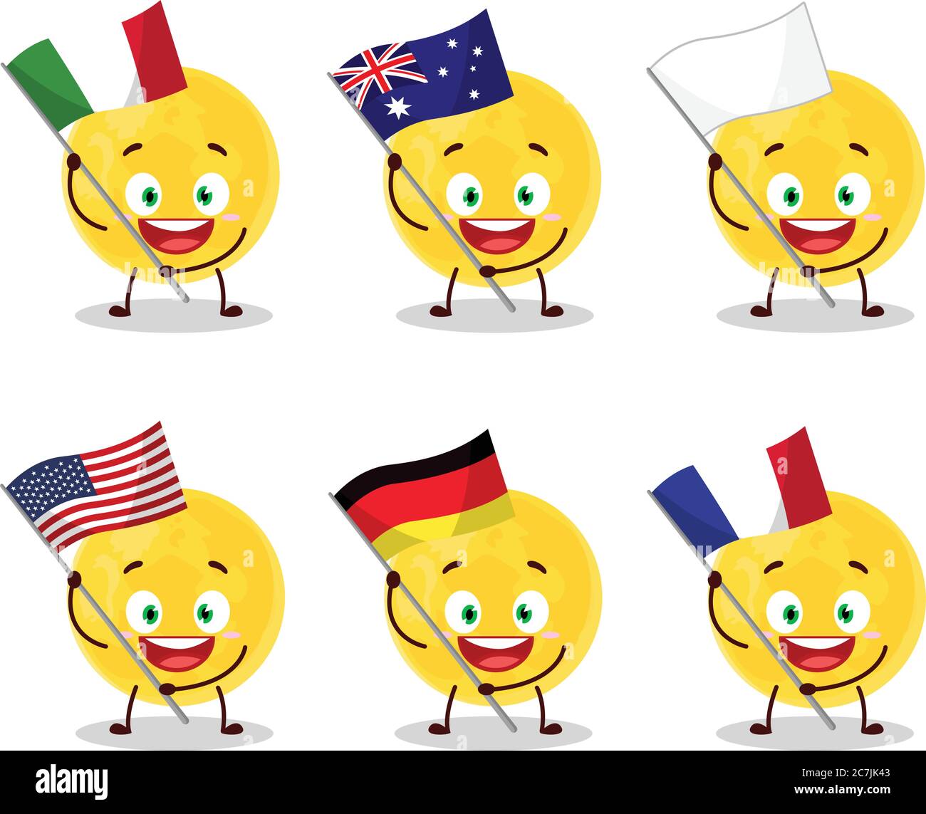 Yellow moon cartoon character bring the flags of various countries ...