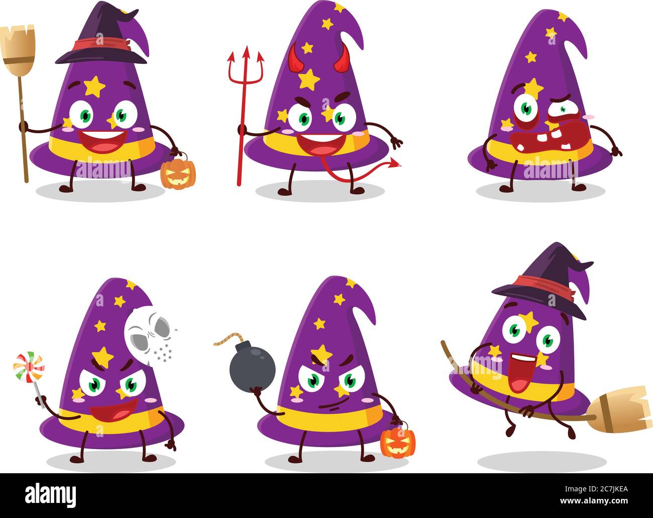 Halloween expression emoticons with cartoon character of wizard hat ...