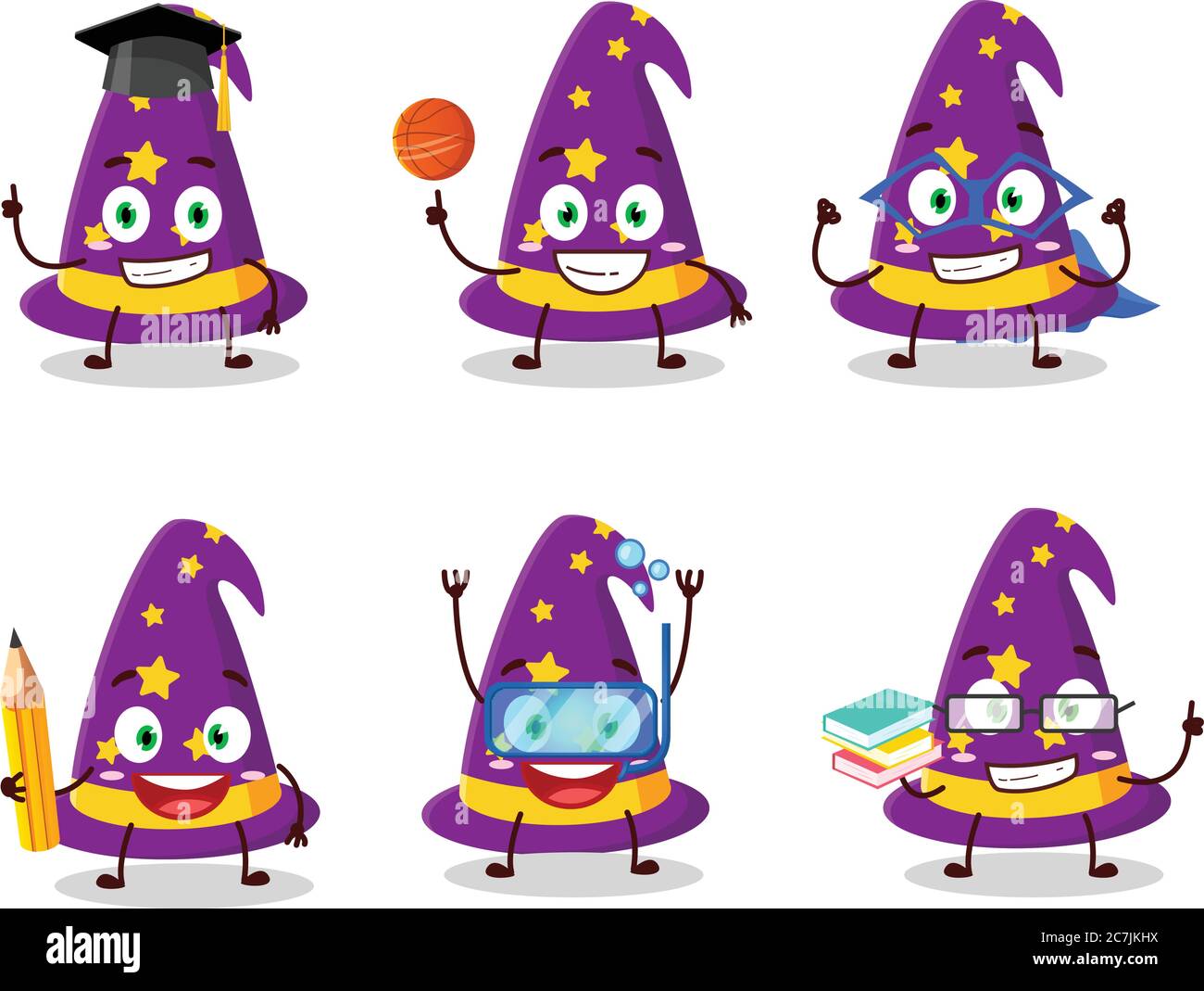 School student of wizard hat cartoon character with various expressions ...