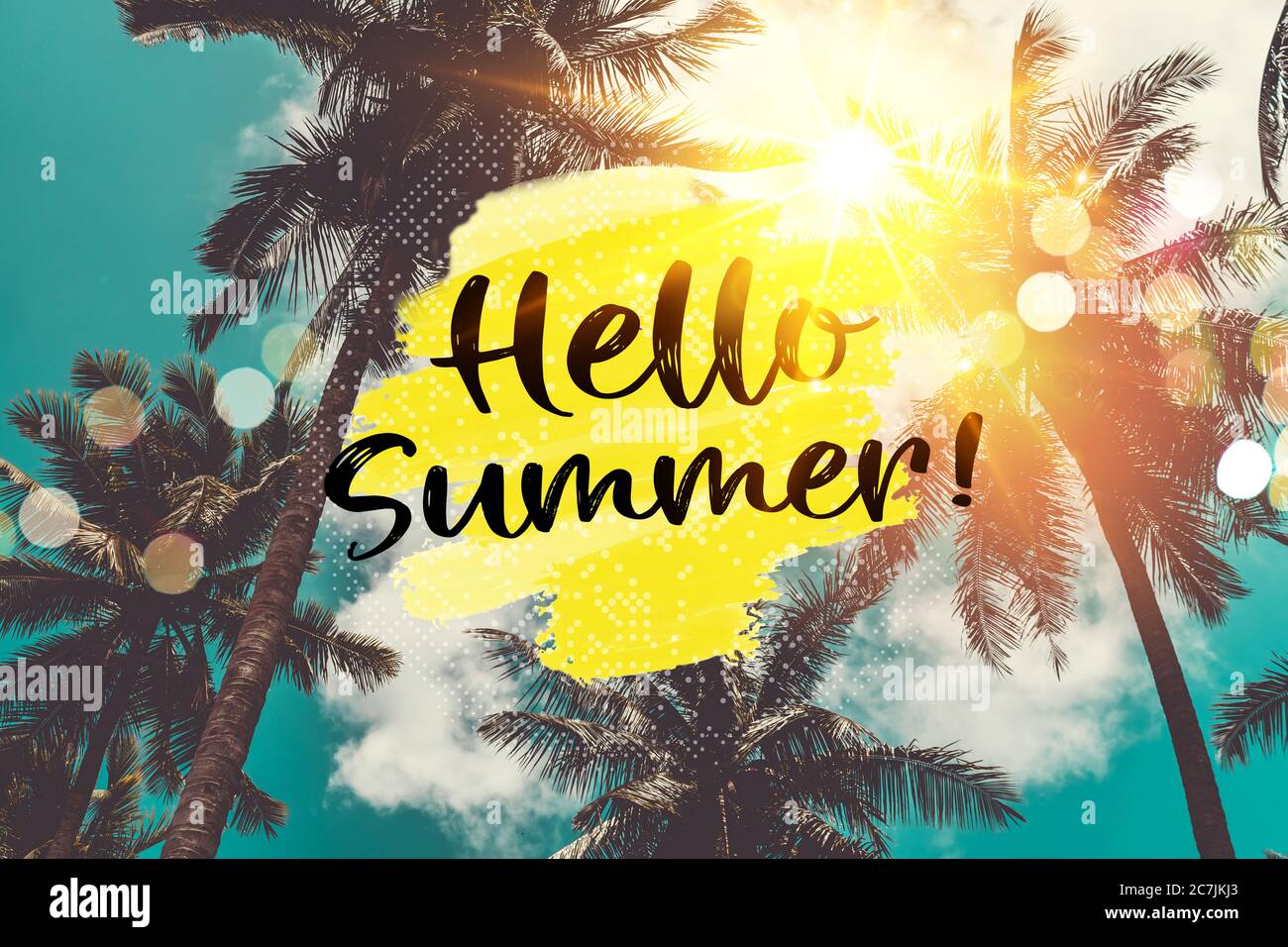 Hello summer qoute on blur beach and tropical coconut palm summer style ...