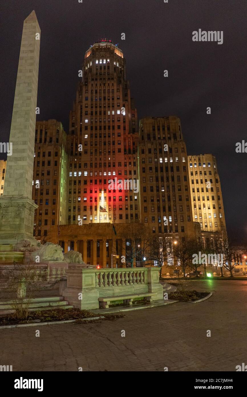 Niagara Square with the lights during the night in Buffalo in the US ...