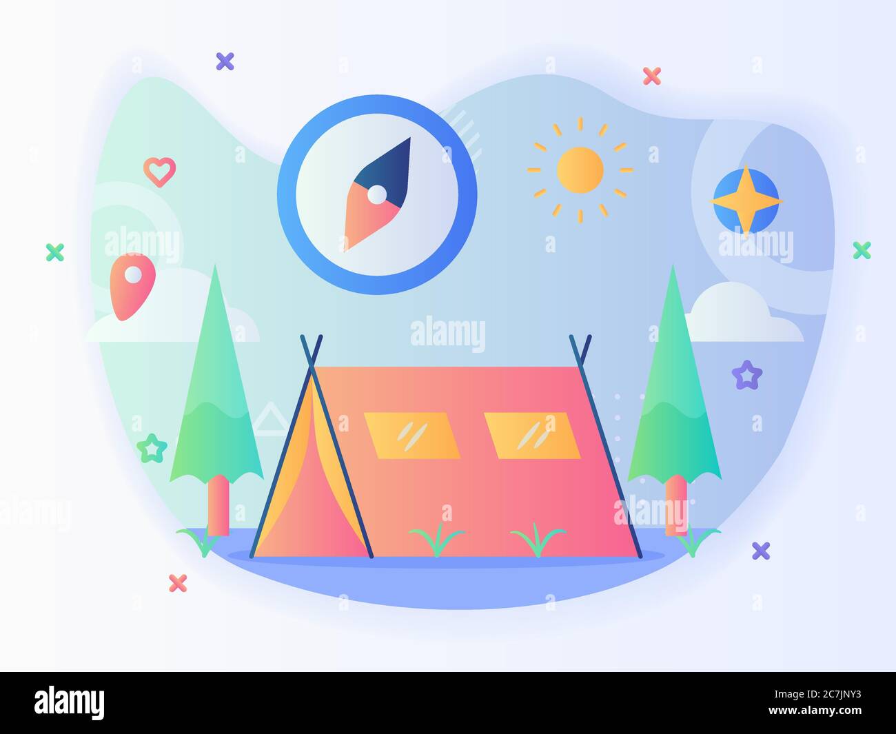 Summer camping concept tent tree compass sun with flat style Stock ...