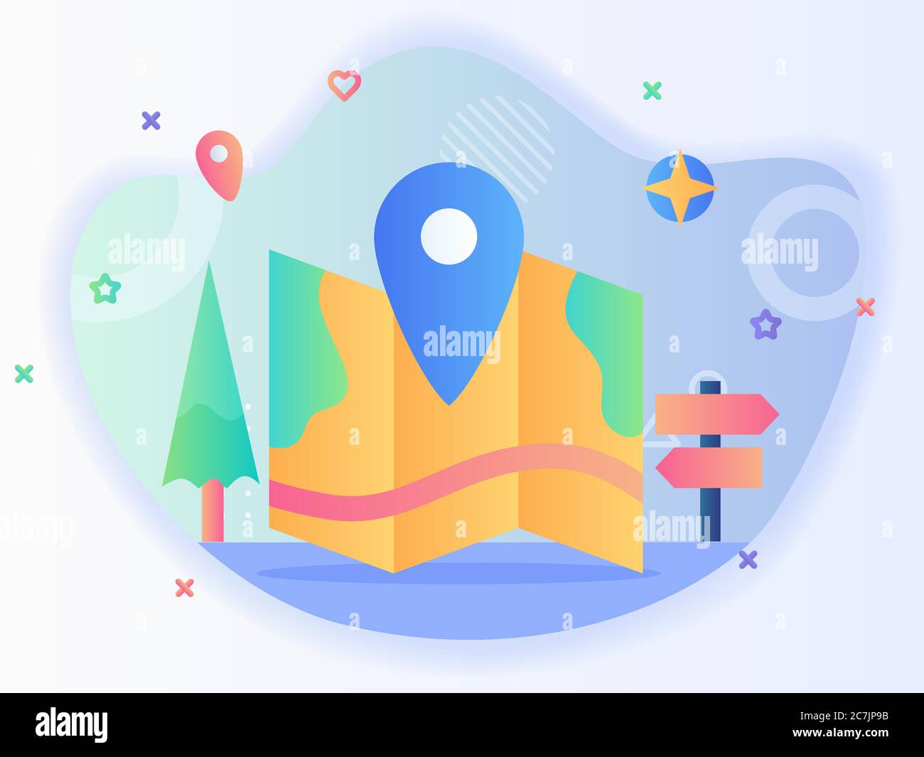 Map guide traveling concept location marker map brochure sign post tree ...