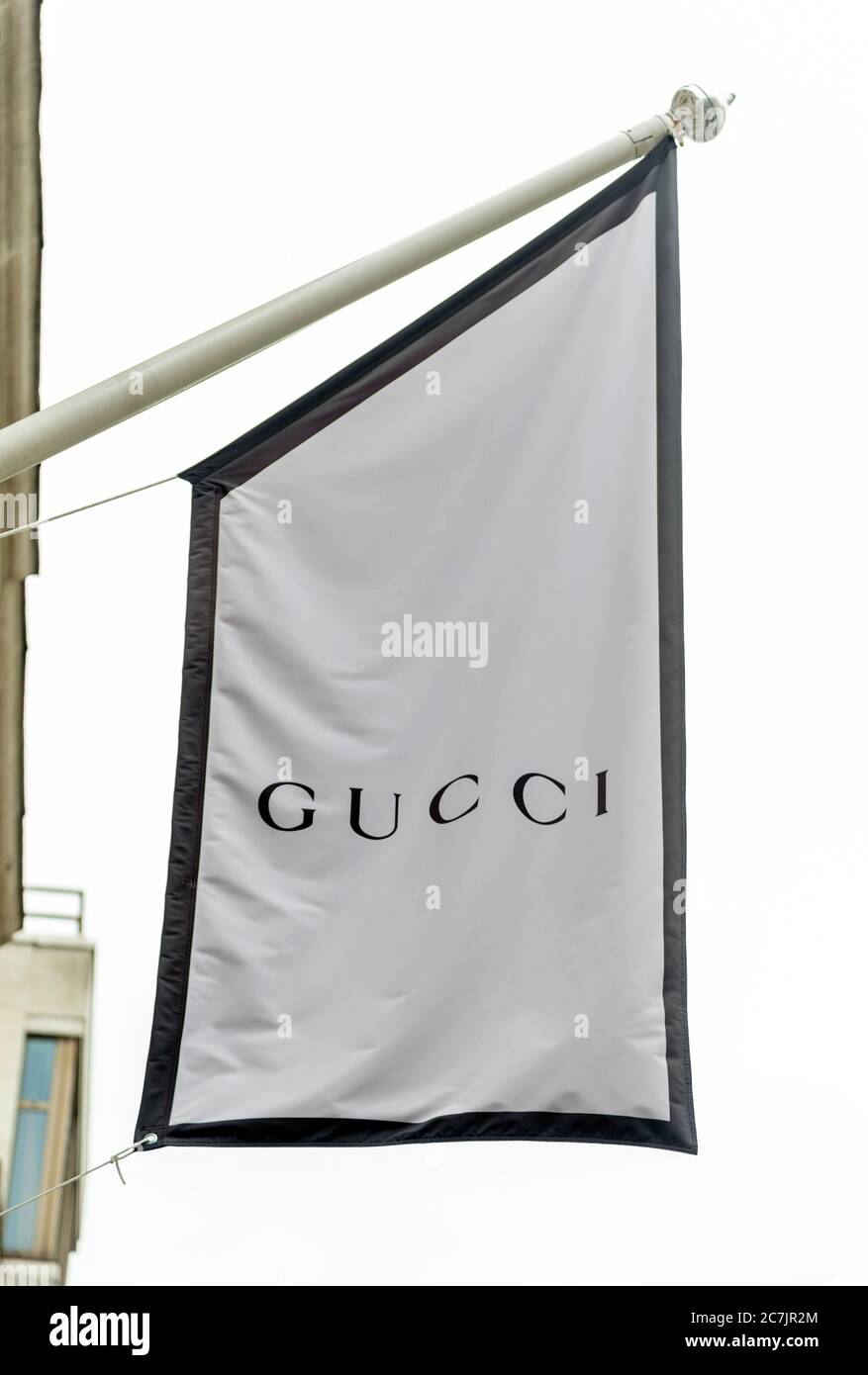 London, UK. 16th July, 2020. A banner on the Gucci store in the ...
