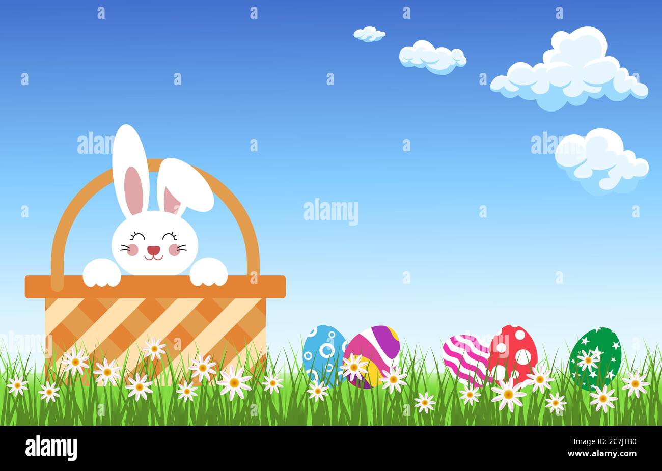 Little Bunny In Basket With Decorated Eggs on Flowers Grass background ...