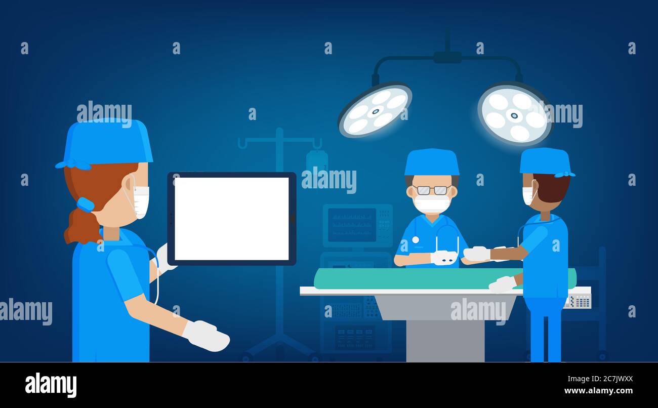 Surgeon in surgery room with blank tablet flat design vector ...