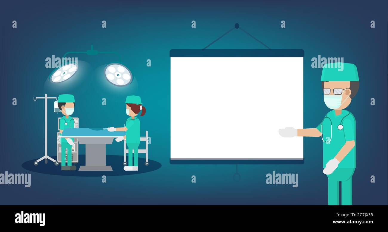 Surgeon team in surgery room with blank projector flat design vector ...