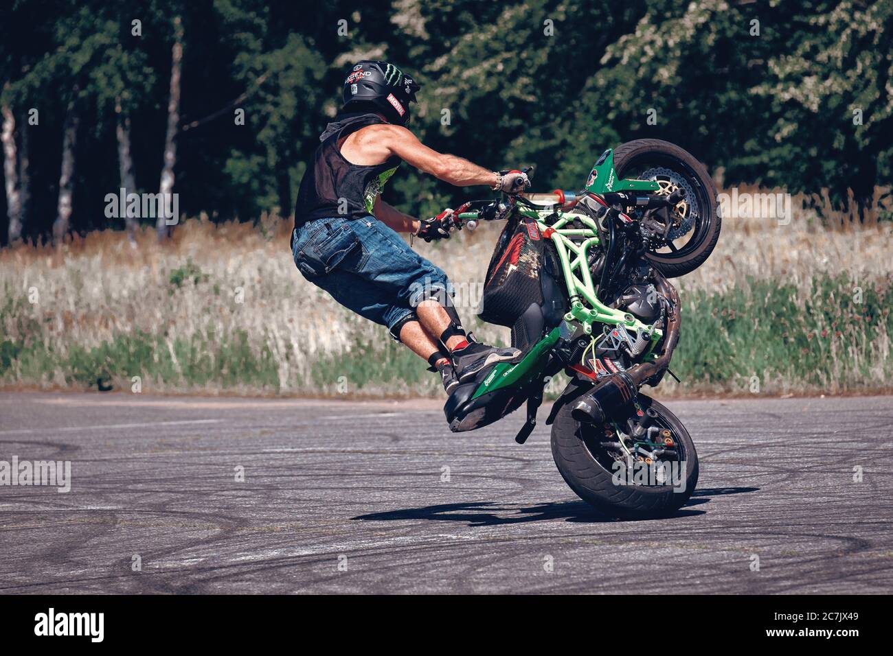 Moscow, Russia - 17 Jul 2020: Moto rider making a stunt on his ...
