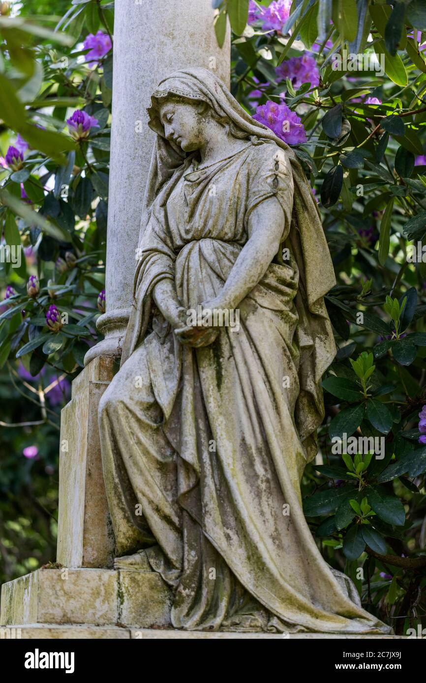 Mourning woman statue, rhododendron blossom, Ohlsdorf cemetery, Hamburg ...