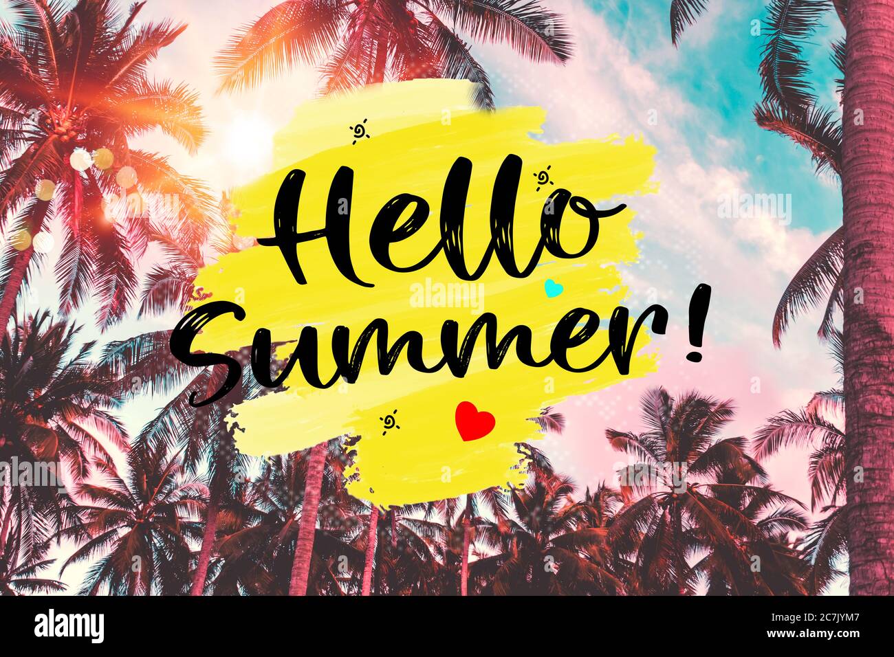 Hello summer qoute on blur beach and tropical coconut palm summer style ...