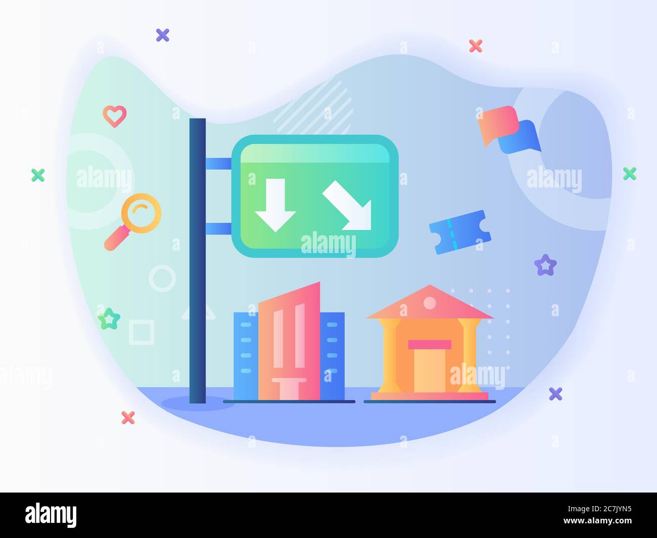 Get right direction concept signpost hotel museum with flat style Stock ...