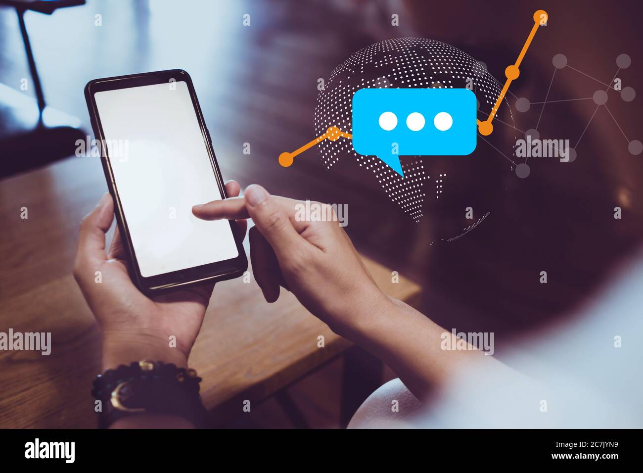 Women hand using smartphone typing, chatting conversation in chat box ...