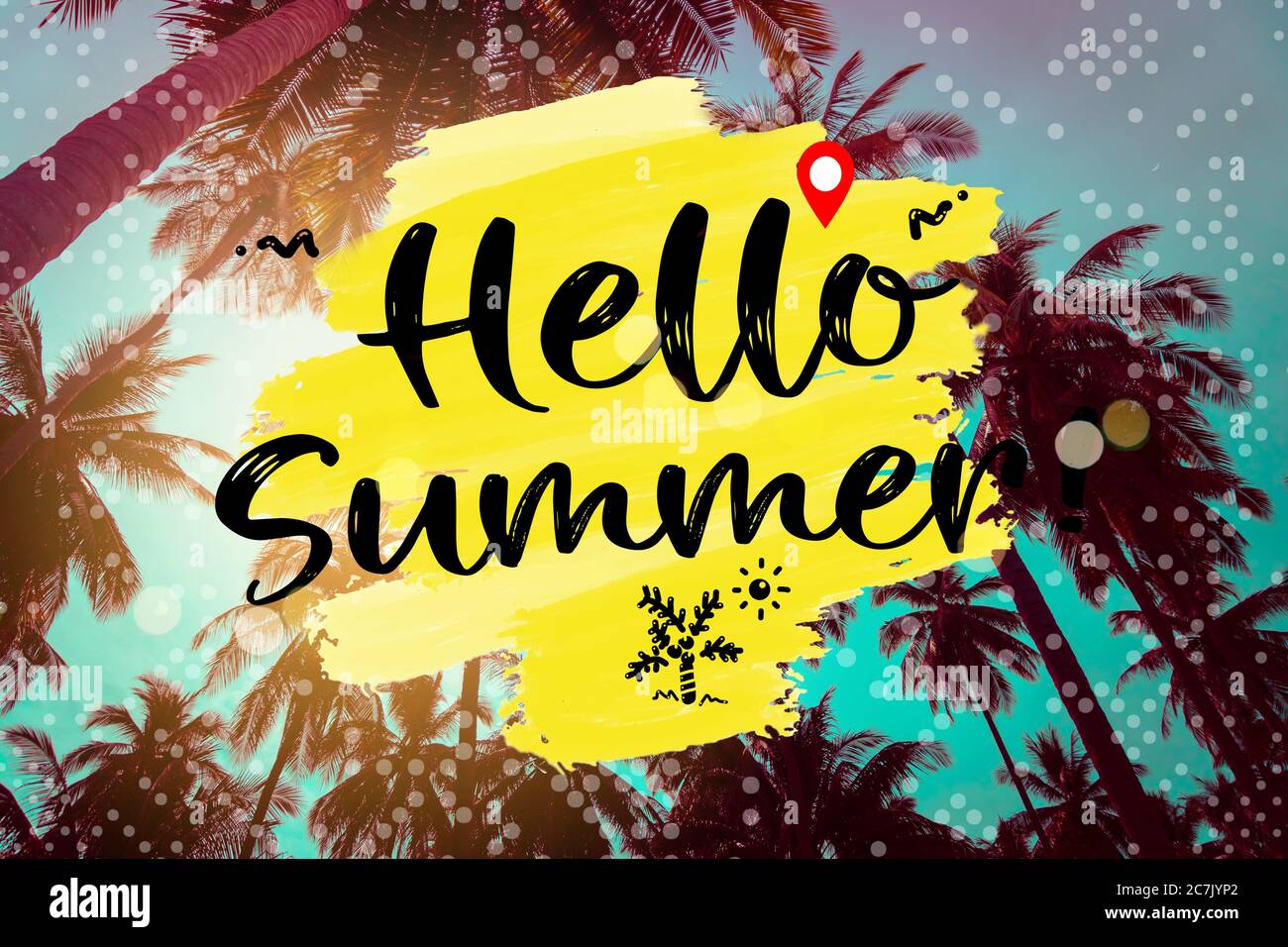 Hello summer qoute on blur beach and tropical coconut palm summer style ...