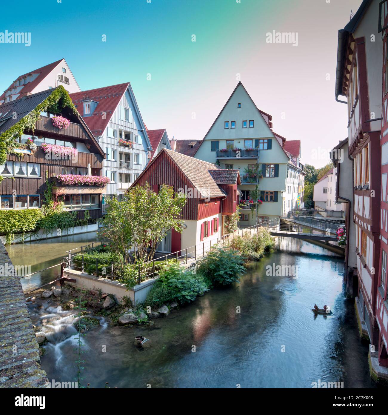 Fischerviertel, river, blue, house facades, idyll, old town, Ulm, Baden ...