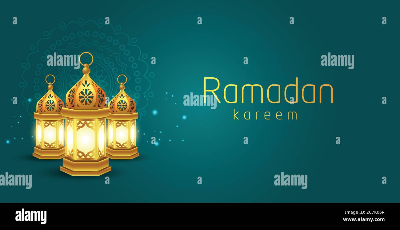 Islamic Holy Month, Ramadan banner decorated with glowing lamps and ...