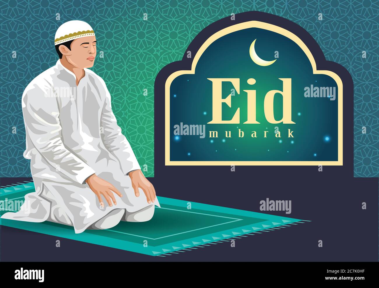 Hand drawn sketch of Muslim man praying with calligraphy of Eid Mubarak ...