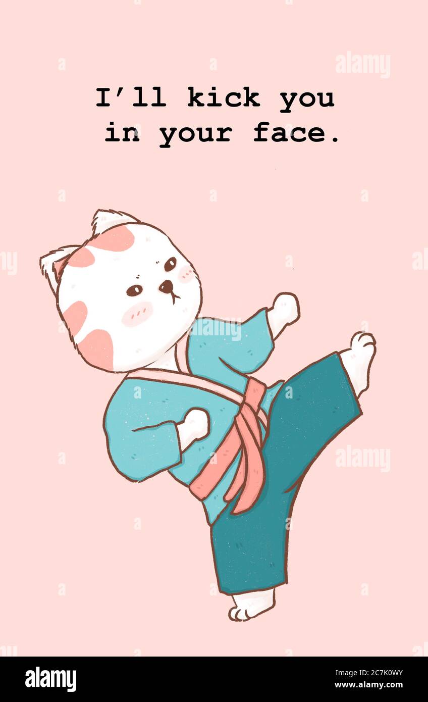 Cute white cat kick in the air in cute blue Taekwondo uniform, with ...