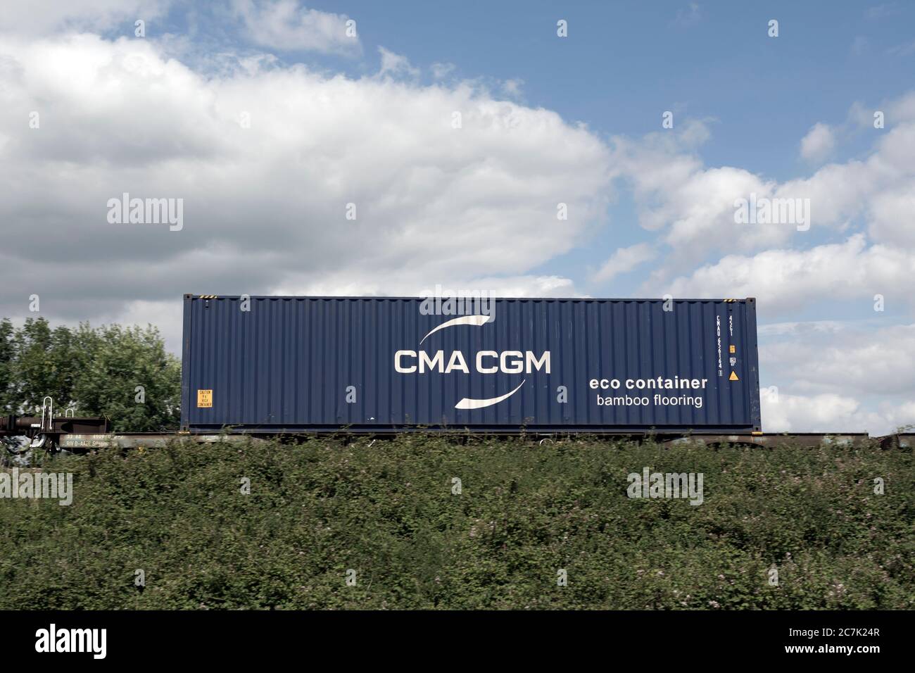 CMA CGM shipping container on a freightliner train, Warwickshire, UK ...