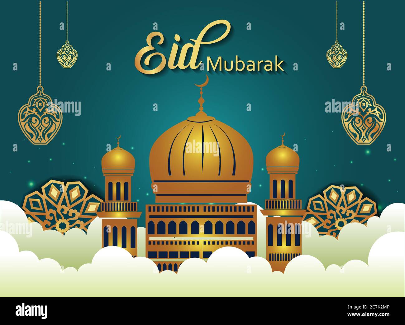 Green Eid Mubarak Greeting card. Arabic golden Mosque, clouds, gold ...
