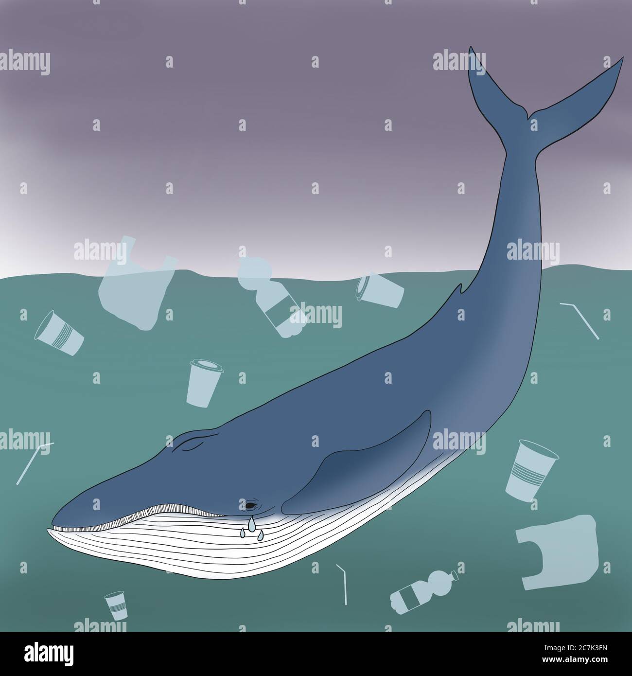 Stop ocean plastic pollution. Illustration of whale swims through ...