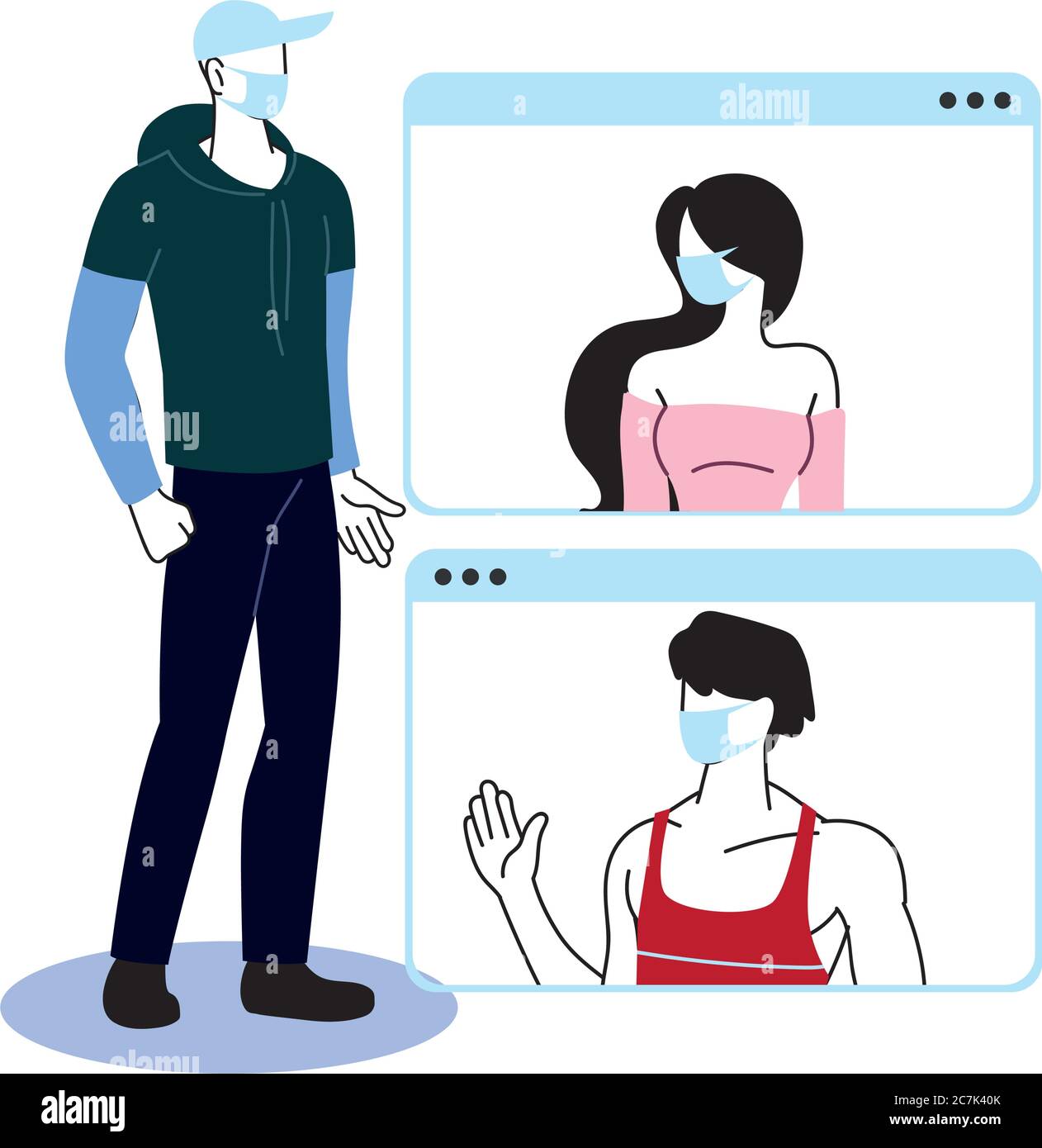 people with masks communicating by video call vector illustration ...