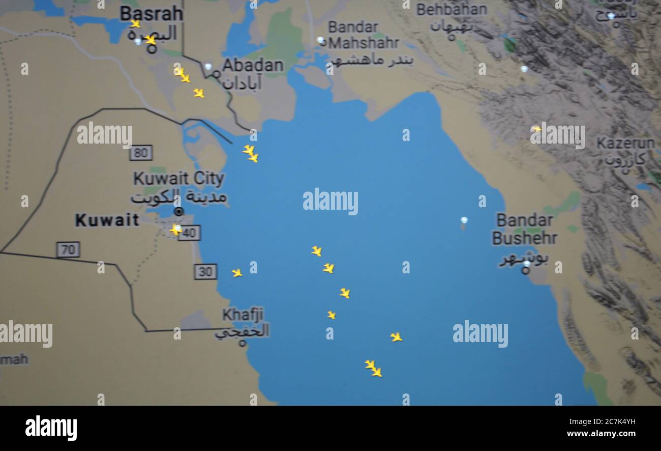 air traffic on Persian gulf, Kowait, Irak, Iran (17 july 2020, UTC 20. ...
