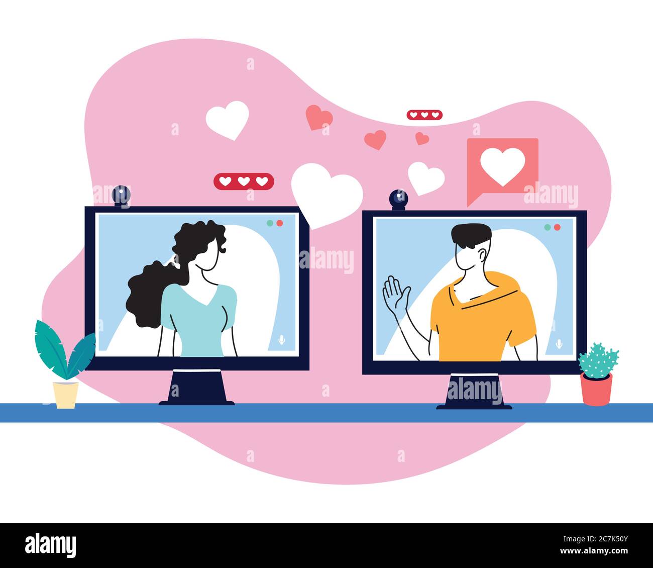 couple in love communicate by electronic devices vector illustration ...