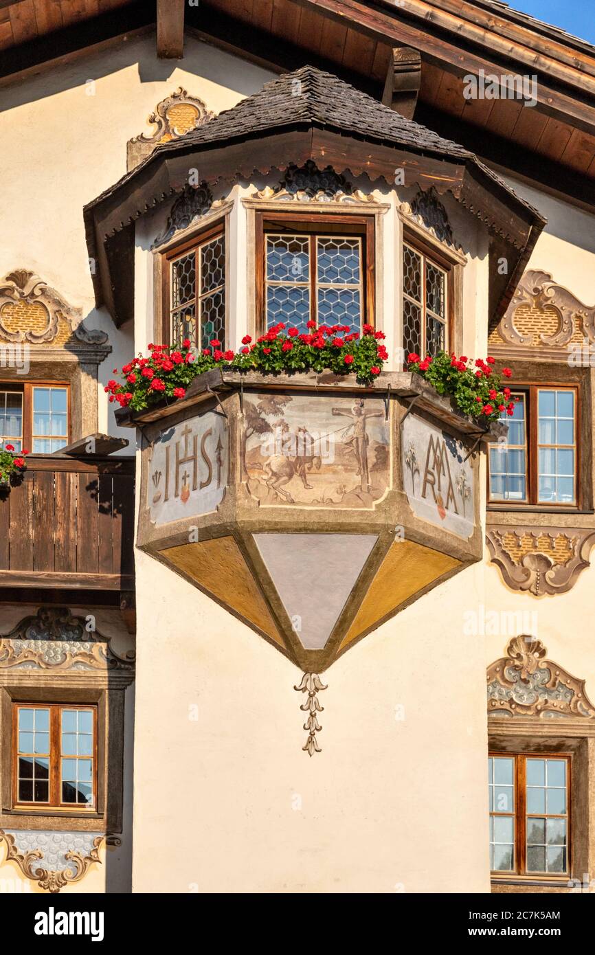 Obertilliach, typical facades of historic houses with decorations and ...