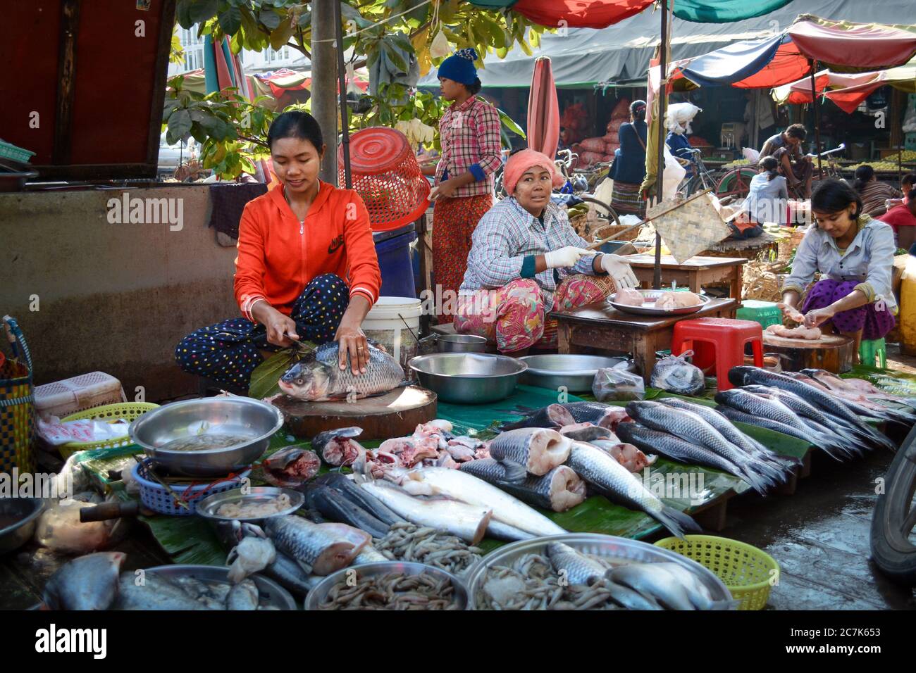 Mandalay, Myanmar - Women cleaning and selling fish in Zay Cho Market ...