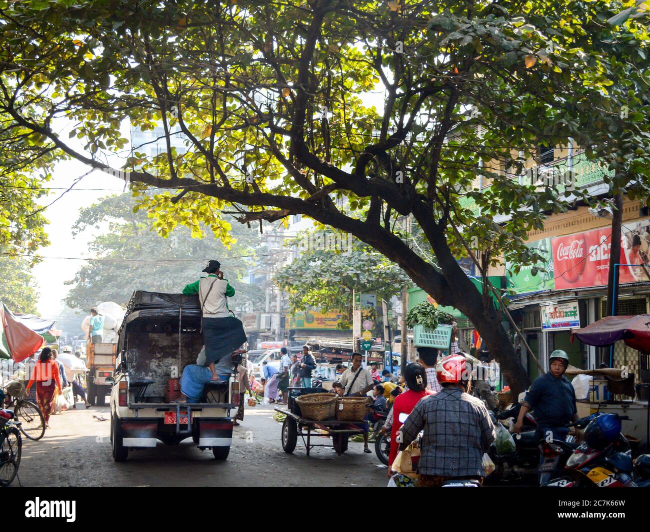 Mandalay, Myanmar - A man getting on a truck under the shade of a big ...