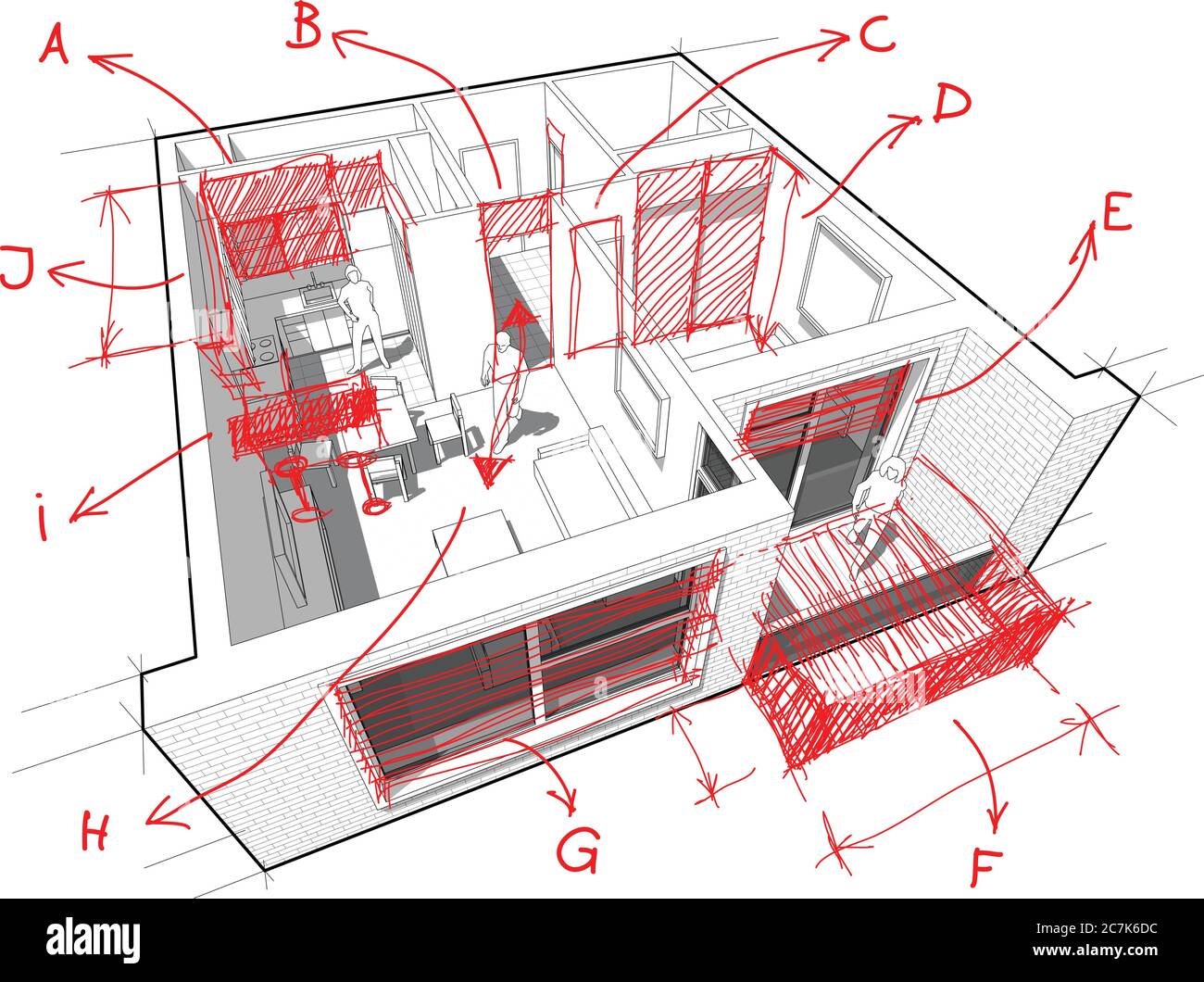 3D illustration perspective cutaway diagram of a one bedroom apartment ...