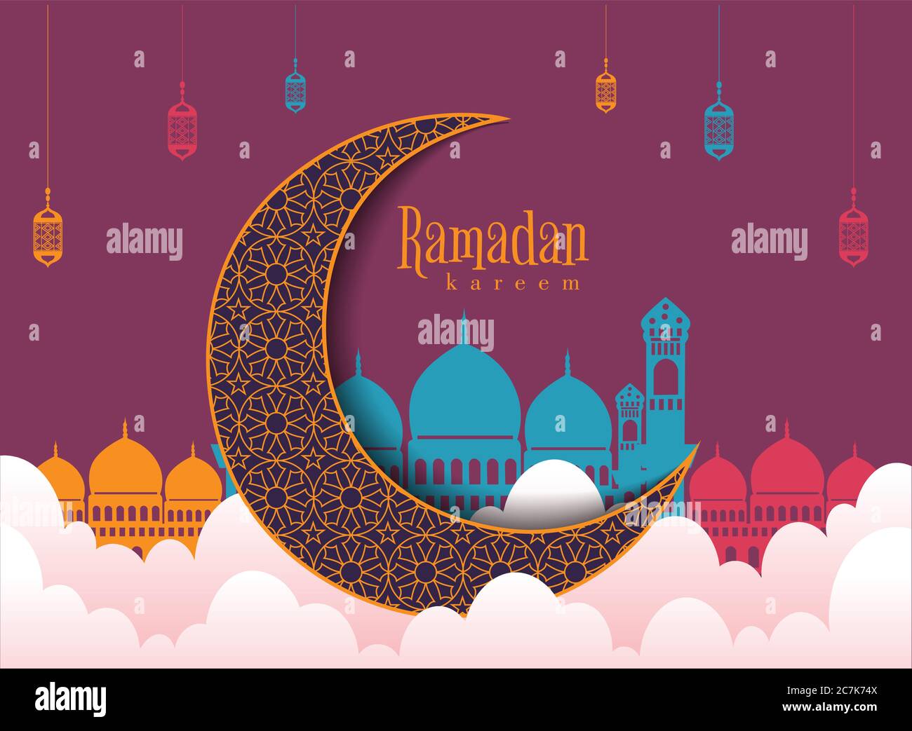 Crescent Islamic with Hanging Lantern for Ramadan Kareem and eid ...