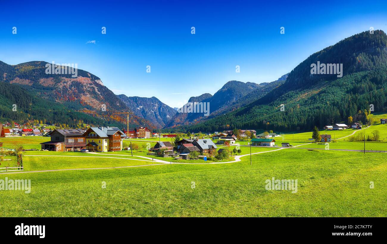 Alpine green fields and traditional wooden houses view of the Gosau ...