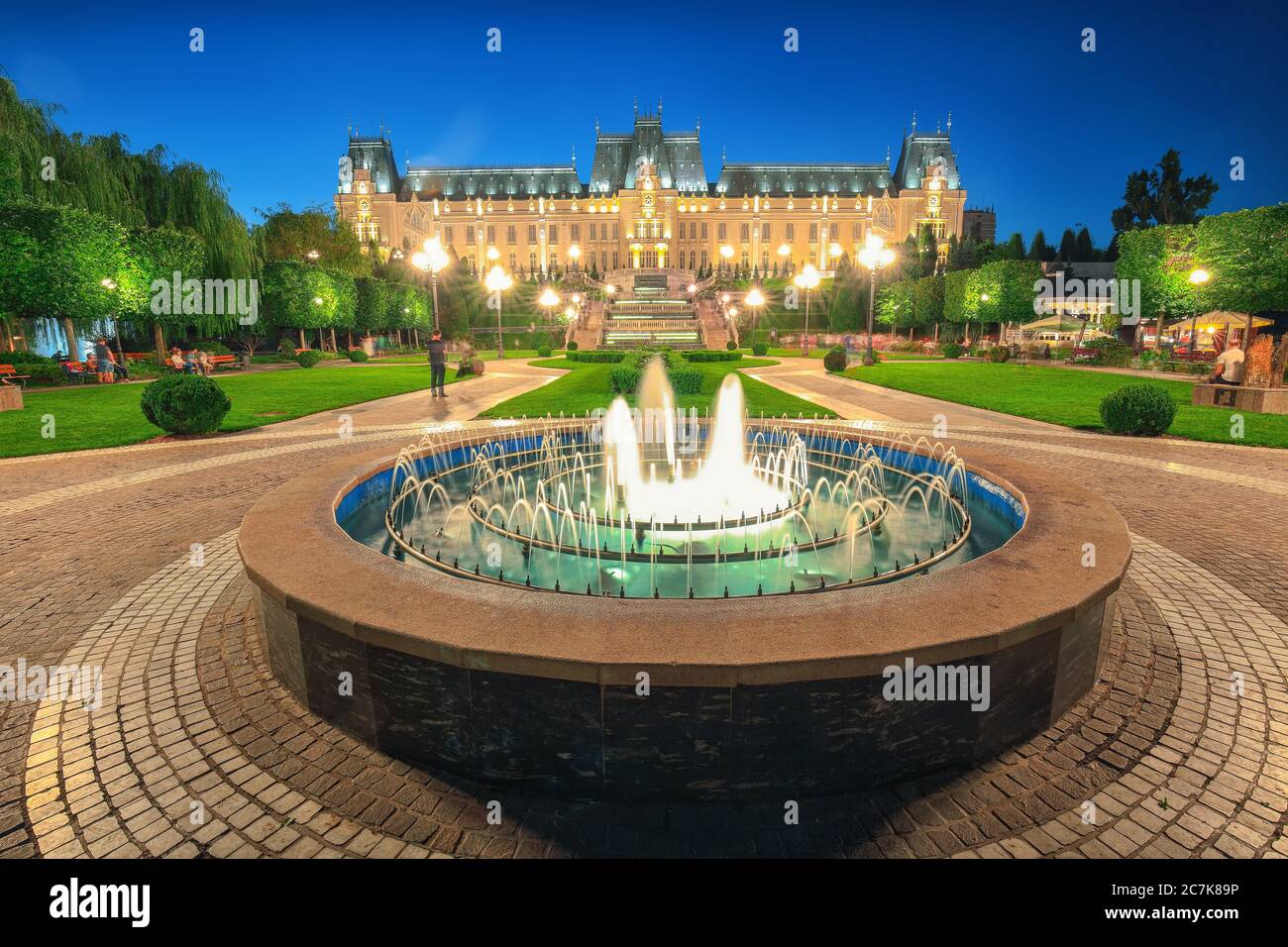 The Palace of Culture edifice in Iasi . Fantastic night scene summer ...