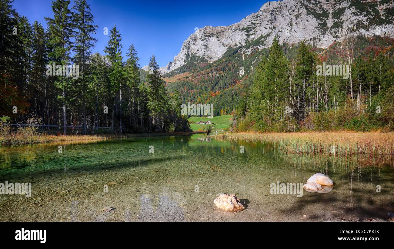 Fantastic autumn sunrise of Hintersee lake. Beautiful scene of trees ...