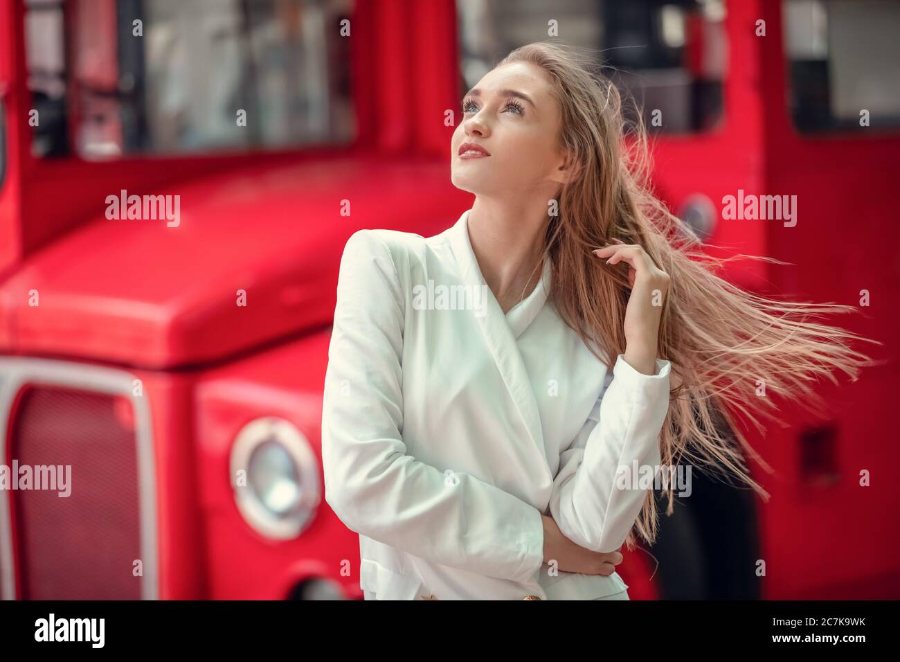 young woman near english bus. London red bus - girl enjoying life ...