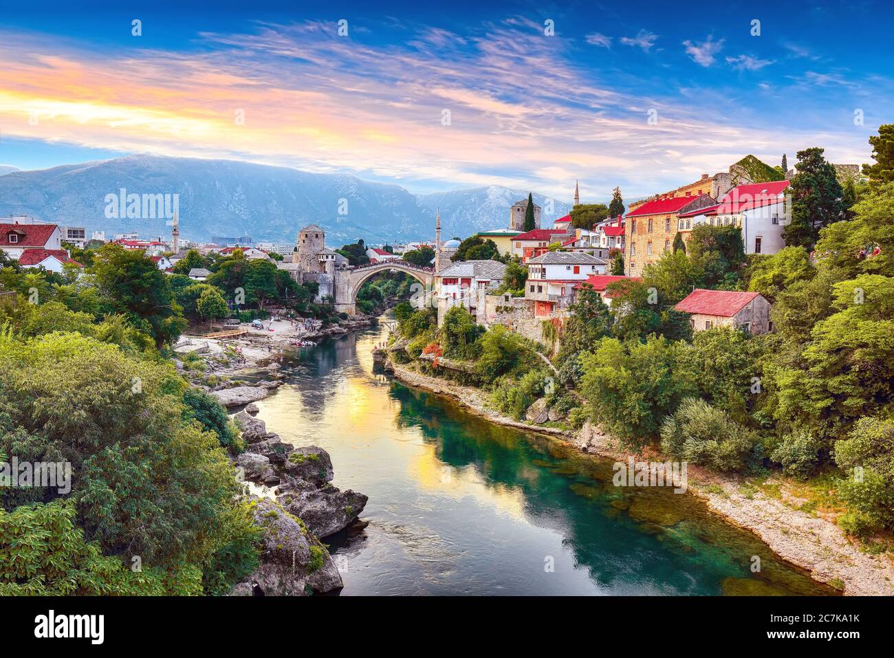 Fantastic Skyline of Mostar with the Mostar Bridge, houses and minarets ...