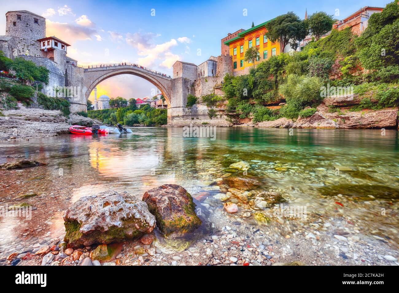 Fantastic Skyline of Mostar with the Mostar Bridge, houses and minarets ...