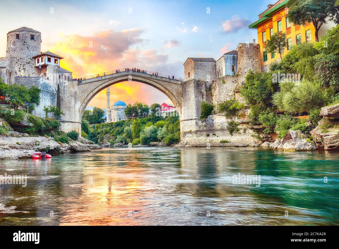 Fantastic Skyline of Mostar with the Mostar Bridge, houses and minarets ...
