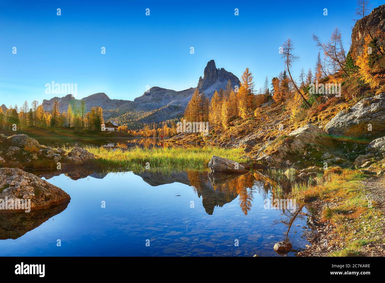 Wonderfull autumn view of Lake Federa in Dolomites . Fantastic autumn ...