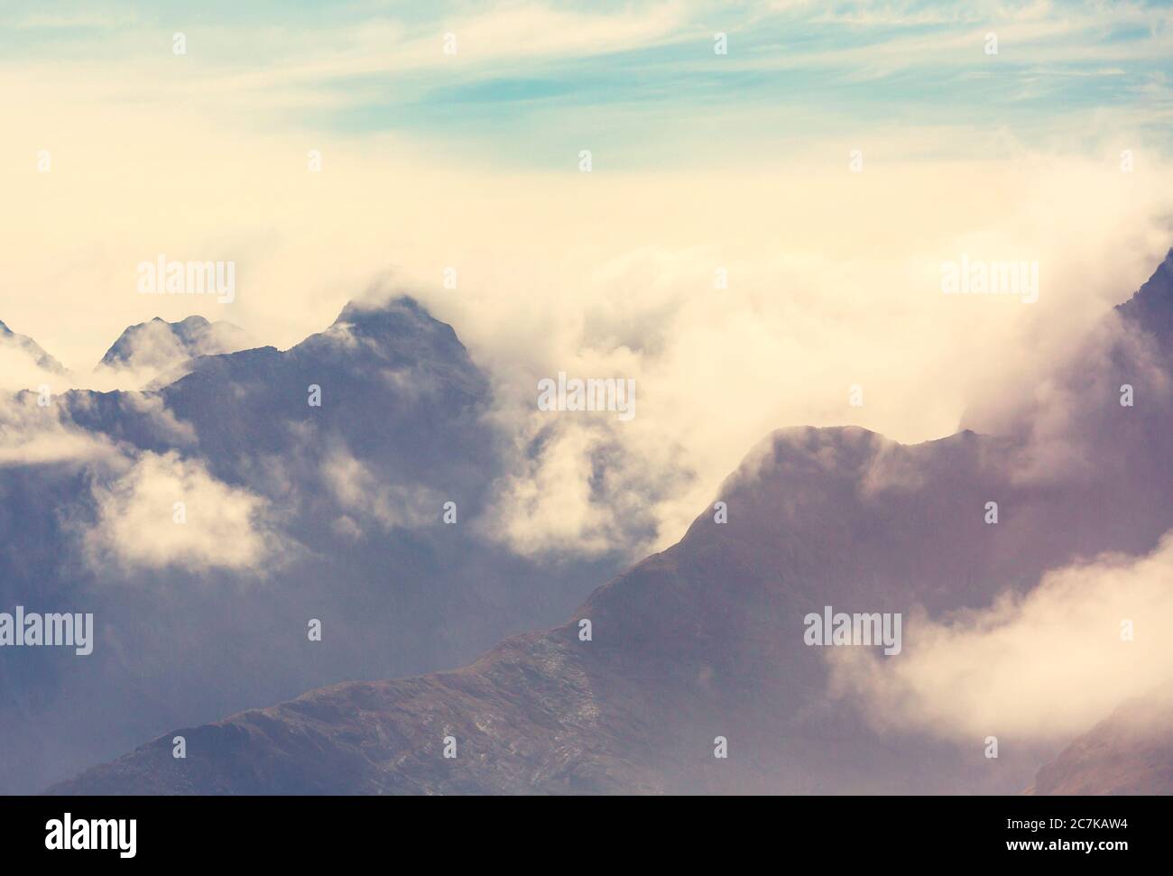 Beautiful morning scene in the mountains. Fog at sunrise Stock Photo ...